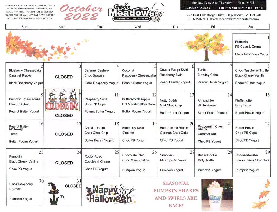 Menu at The Meadows Original Frozen Custard desserts, Hagerstown