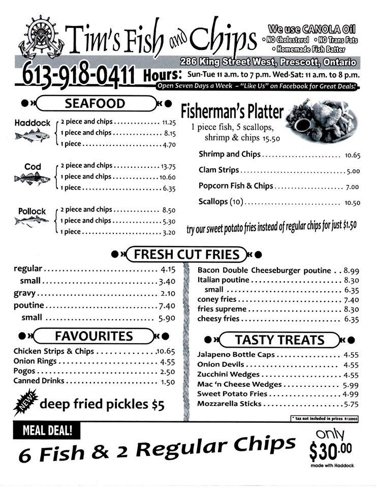 Menu at Tim's Fish & Chips and Poutine restaurant, Prescott