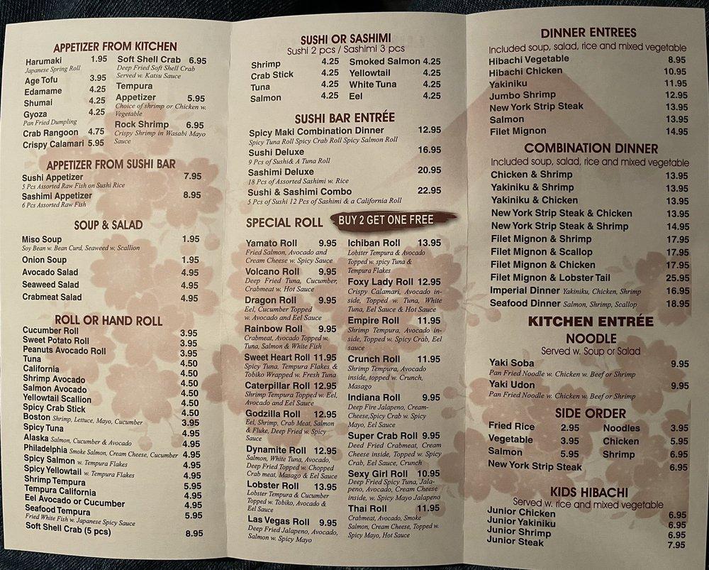 Menu at Yamato Japanese Steakhouse, Madison