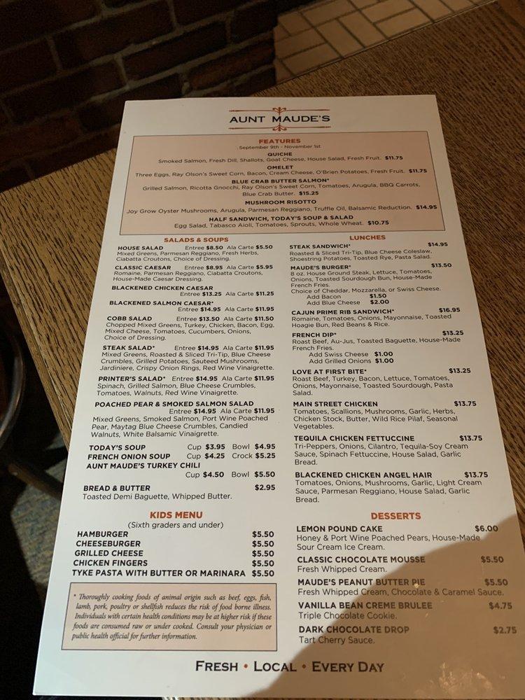 Menu at Aunt Maude's restaurant, Ames
