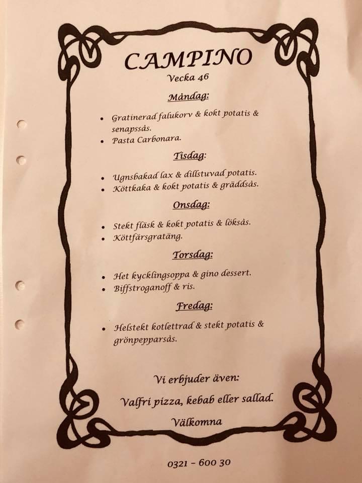 Menu at Campino restaurant, Sweden