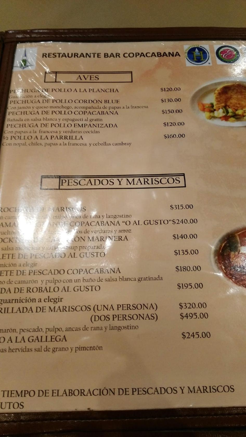 Menu at Copacabana pub & bar, Mexico,