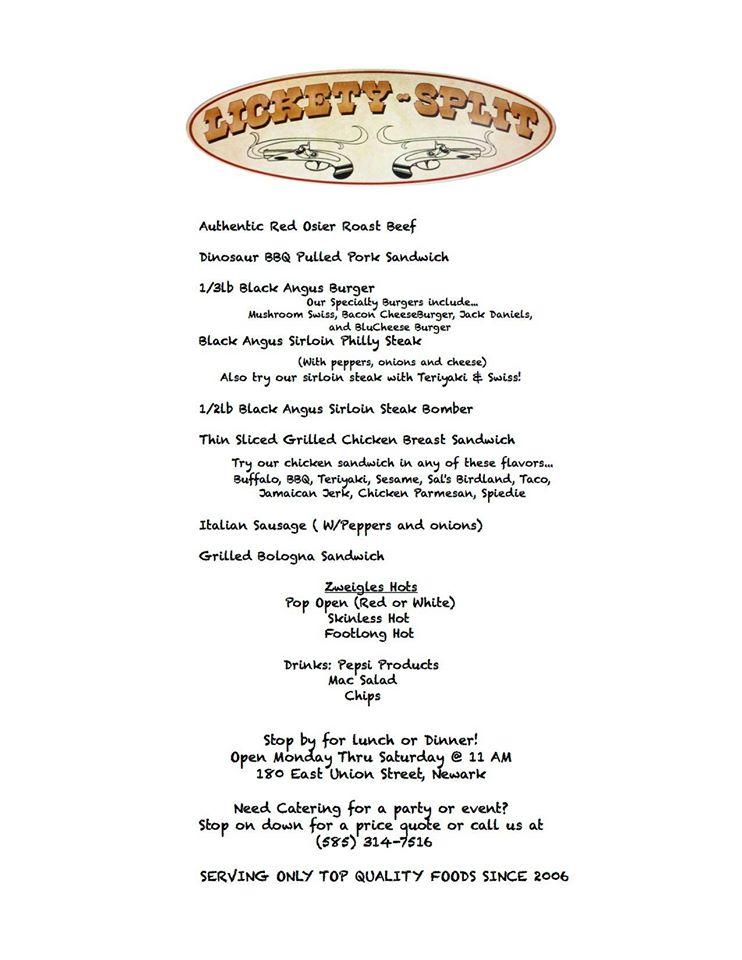 Menu at Lickety Split restaurant, Newark, 180 E Union St