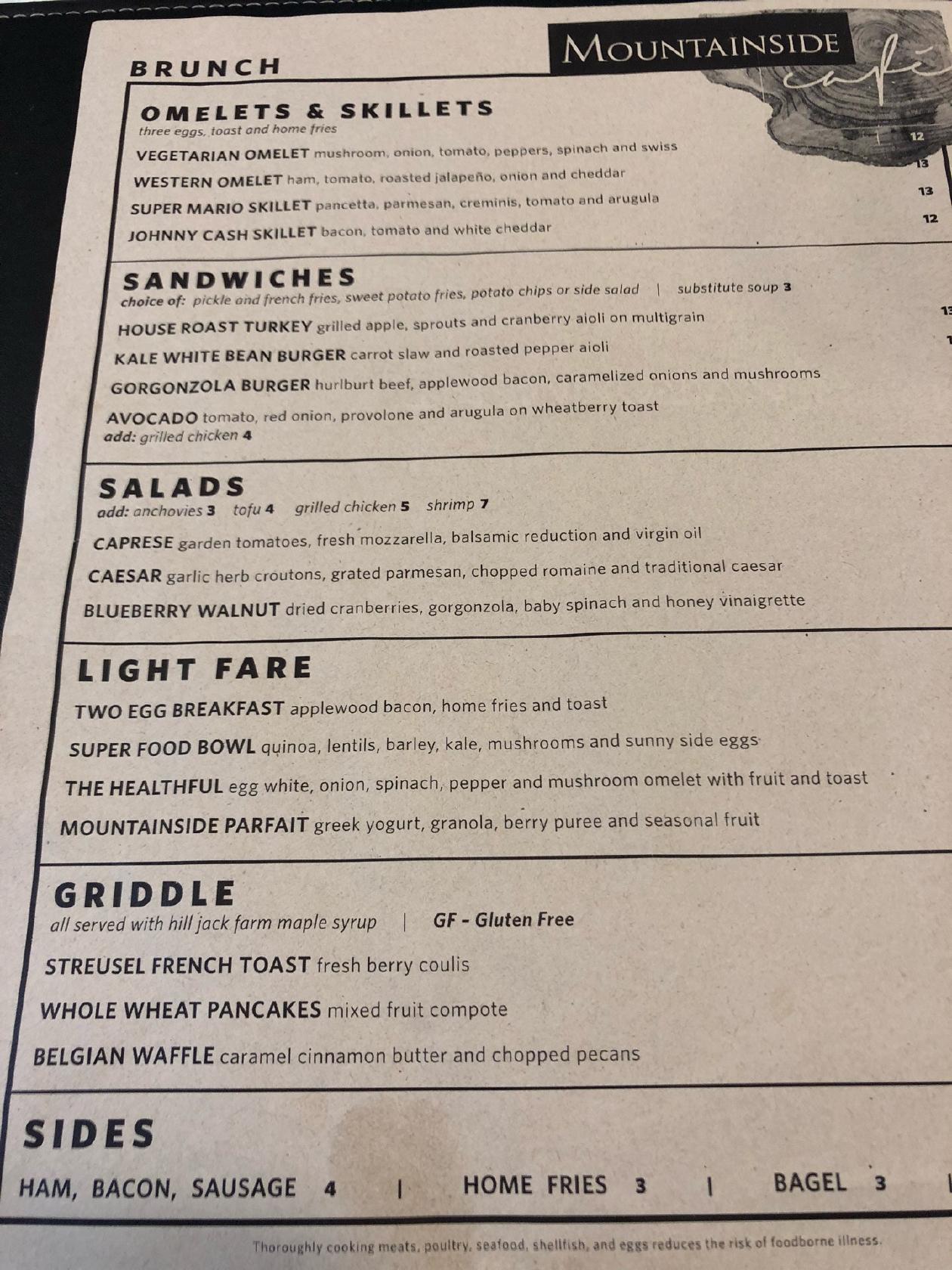 Menu at Mountainside Cafe, Canaan