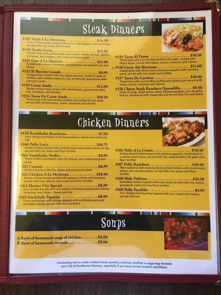 Menu at Nacho's Mexican Restaurant, Sandusky