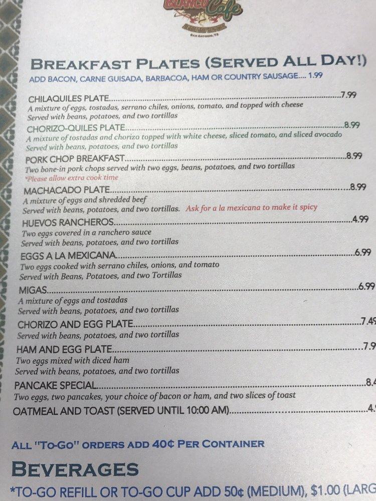 Menu at Original Blanco Cafe, San Antonio, Fredericksburg Rd