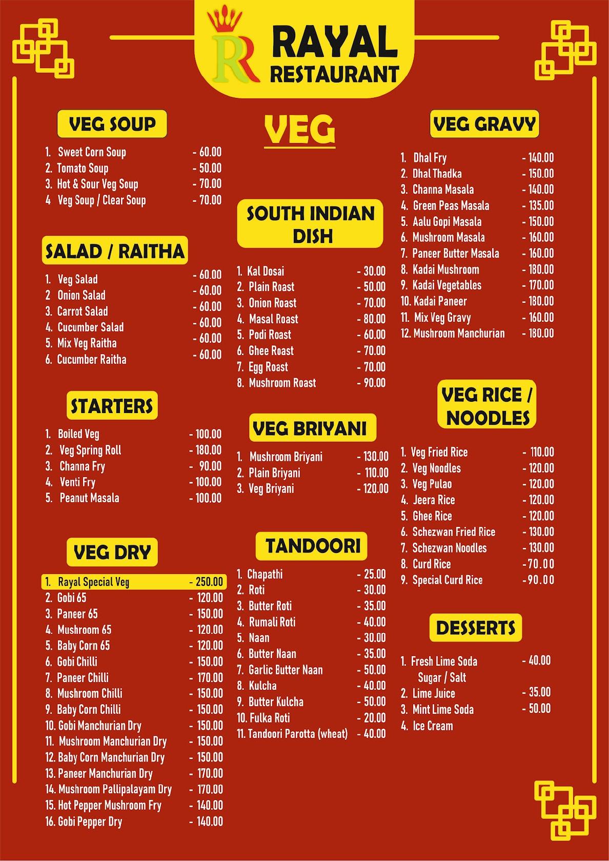 Menu at Rayal Restaurant, Sulur
