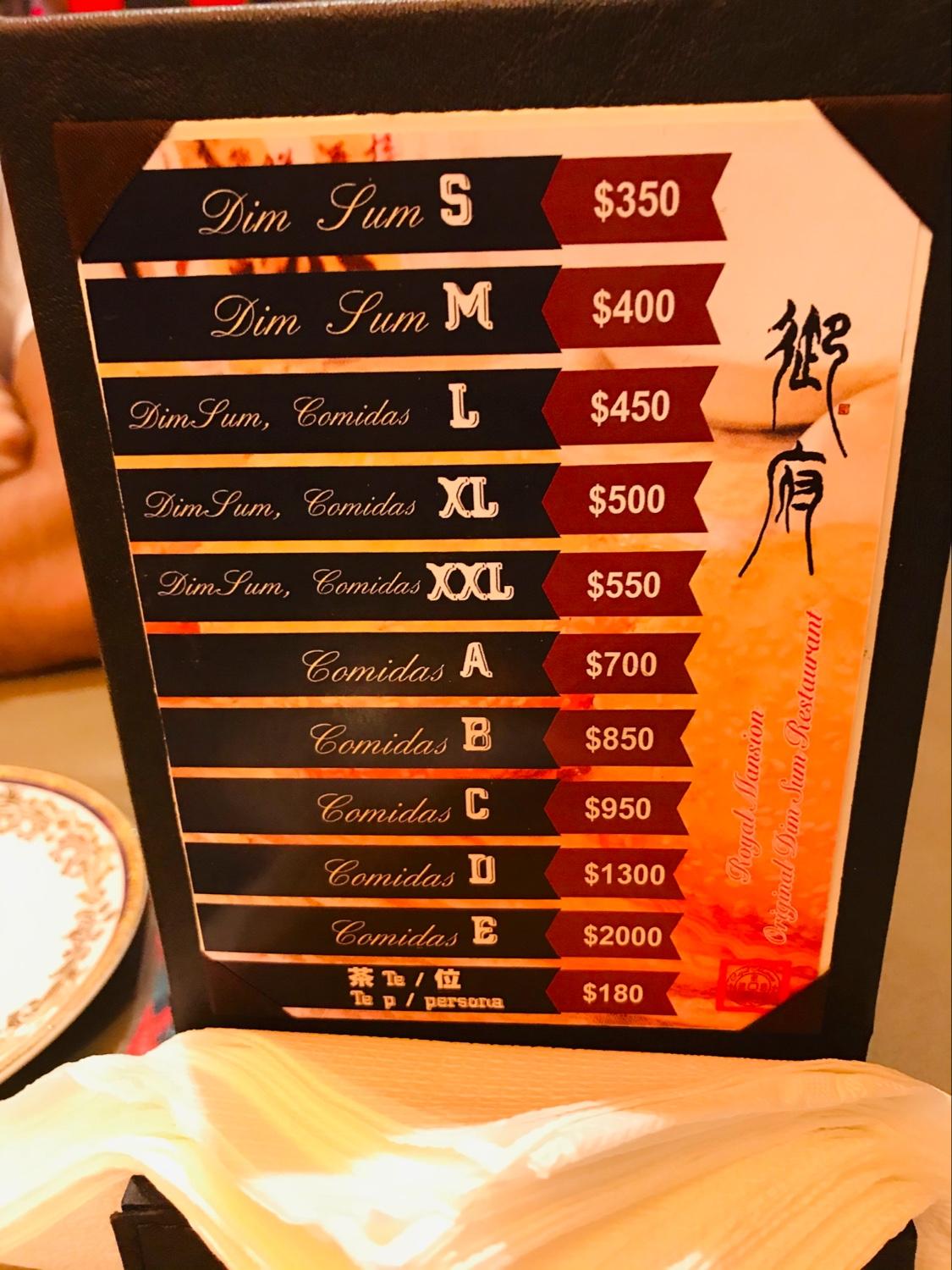 Carta del restaurante Royal Mansion, Buenos Aires