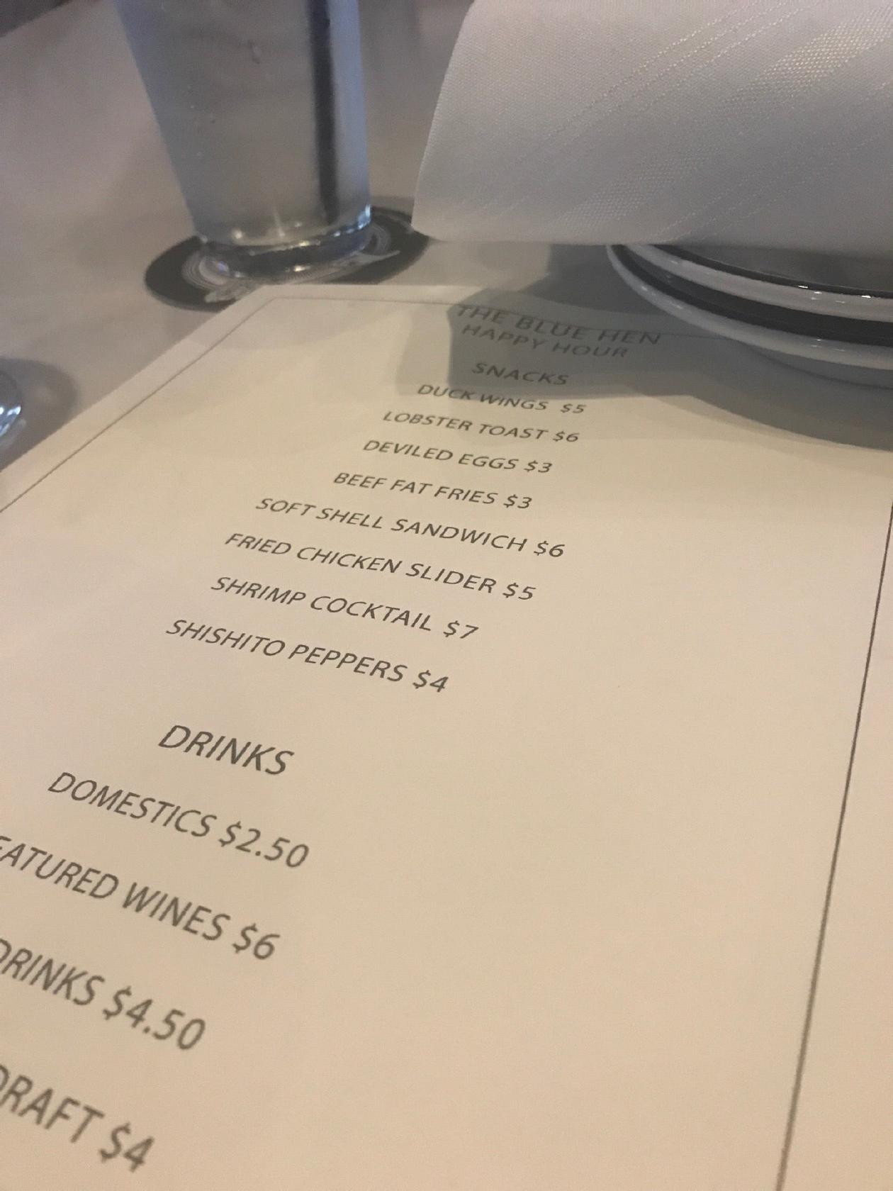 Menu at The Blue Hen pub & bar, Rehoboth Beach