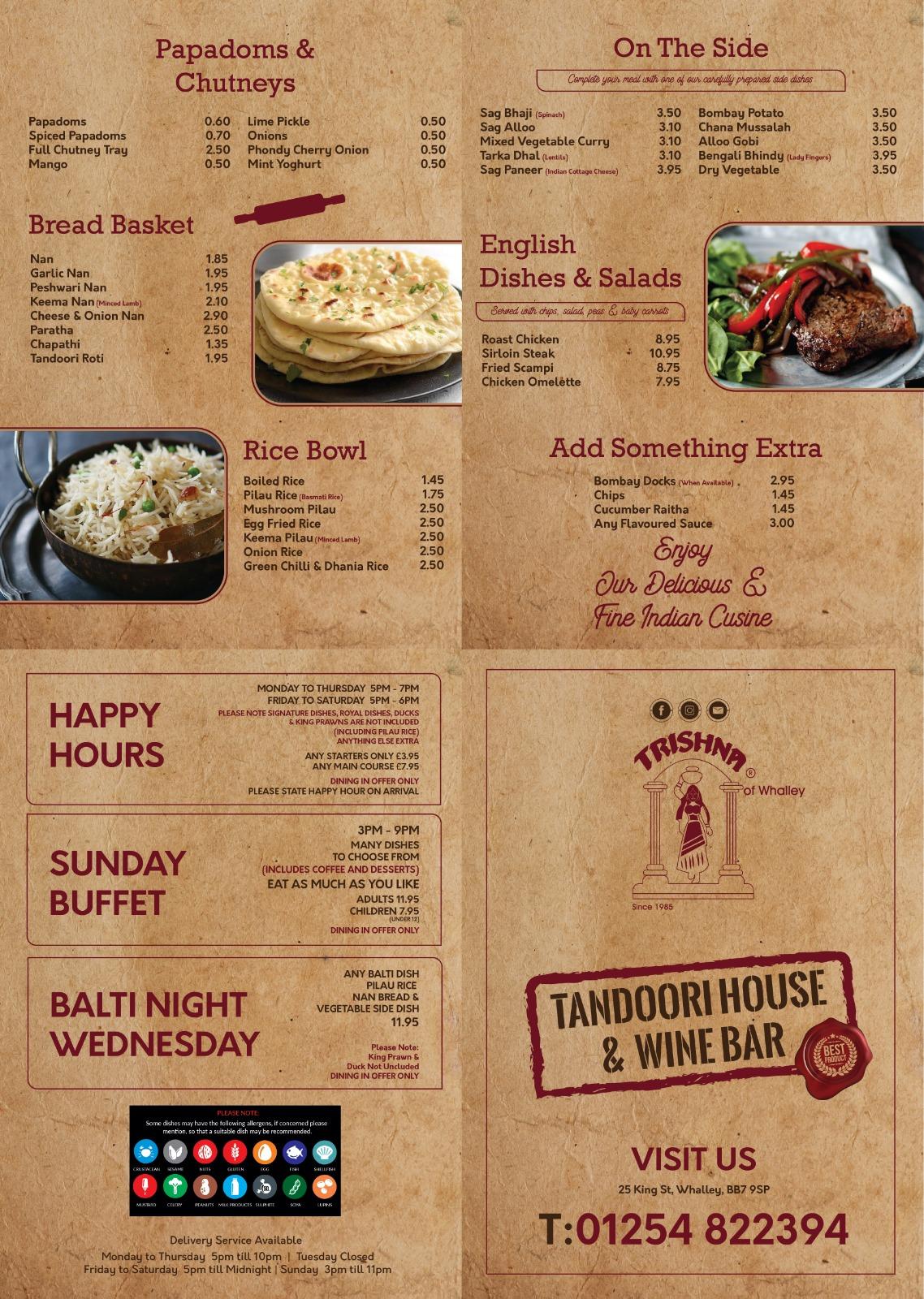 Menu at Trishna of Whalley restaurant, Barrow