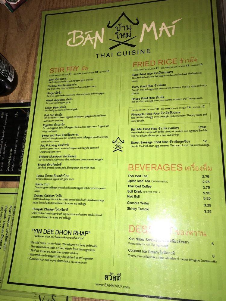 Menu at Ban Mai Thai restaurant, Grants Pass