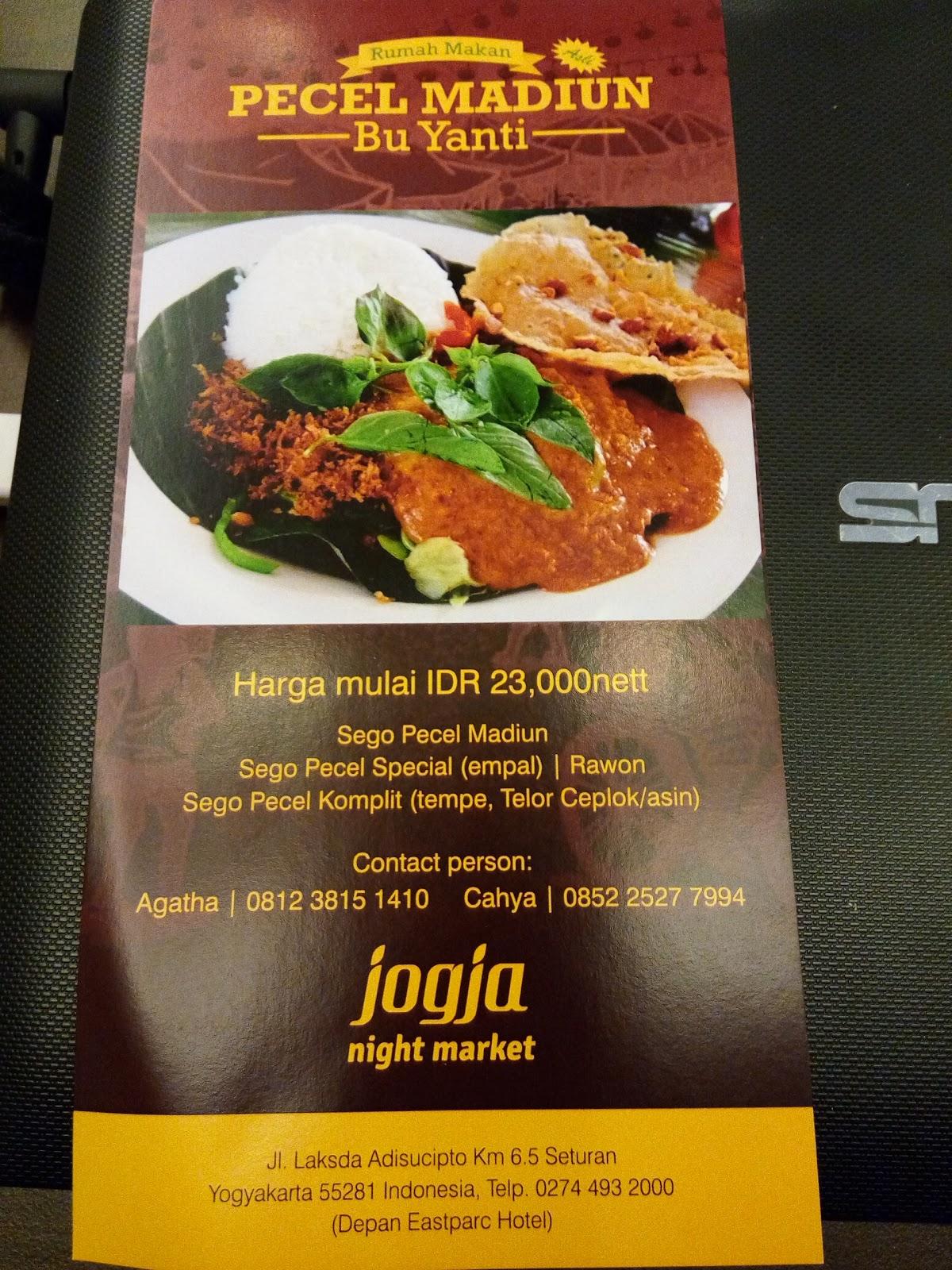 Menu at Jogja Night Market restaurant, Yogyakarta