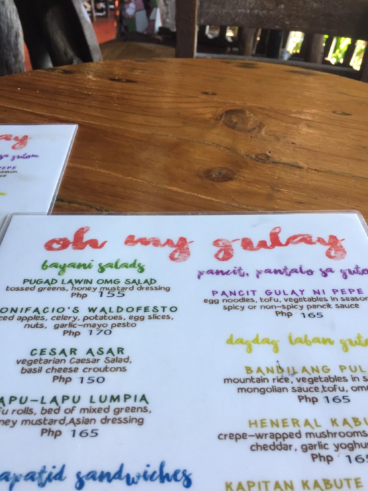 Menu at Oh My Gulay restaurant, Baguio