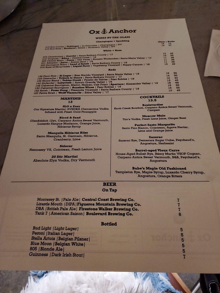 Menu at Ox and Anchor steakhouse, San Luis Obispo