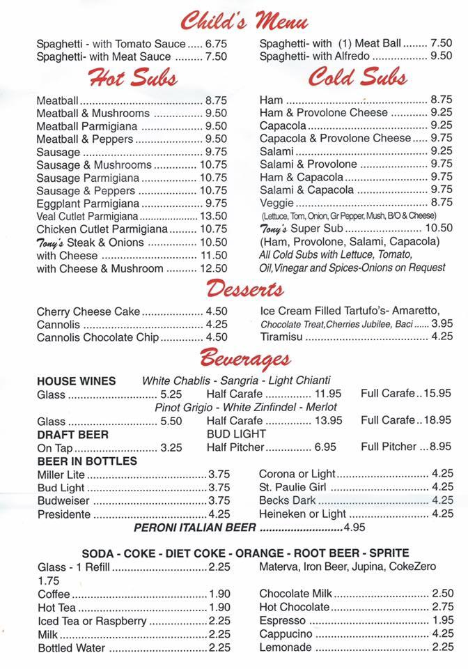 Menu at Tony's Place pizzeria, Hialeah, NW 78th Ave