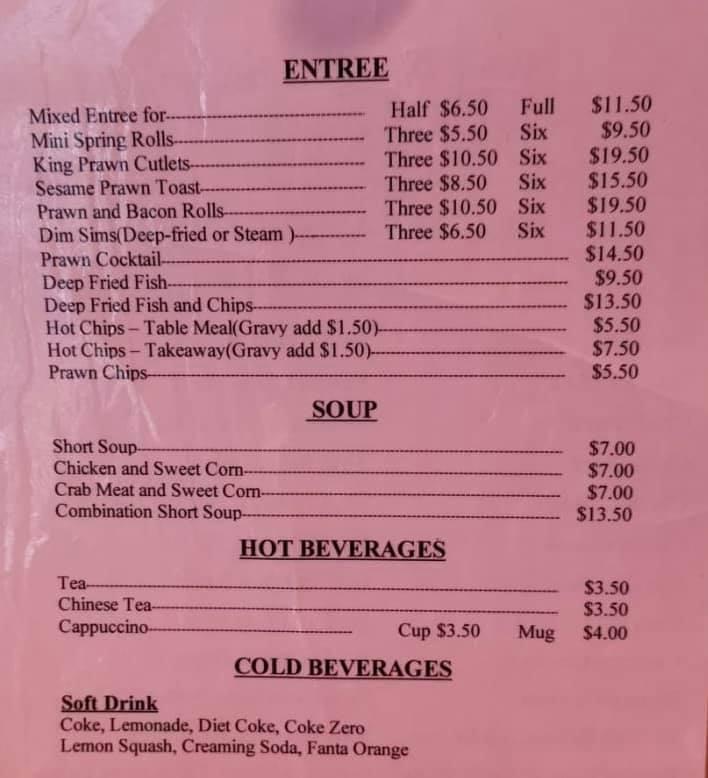 Menu at Wing Cheng restaurant, Tumut, 141 Wynyard St