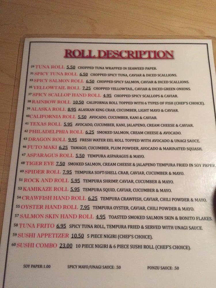 Menu at Yamato restaurant, Galveston, 61st St