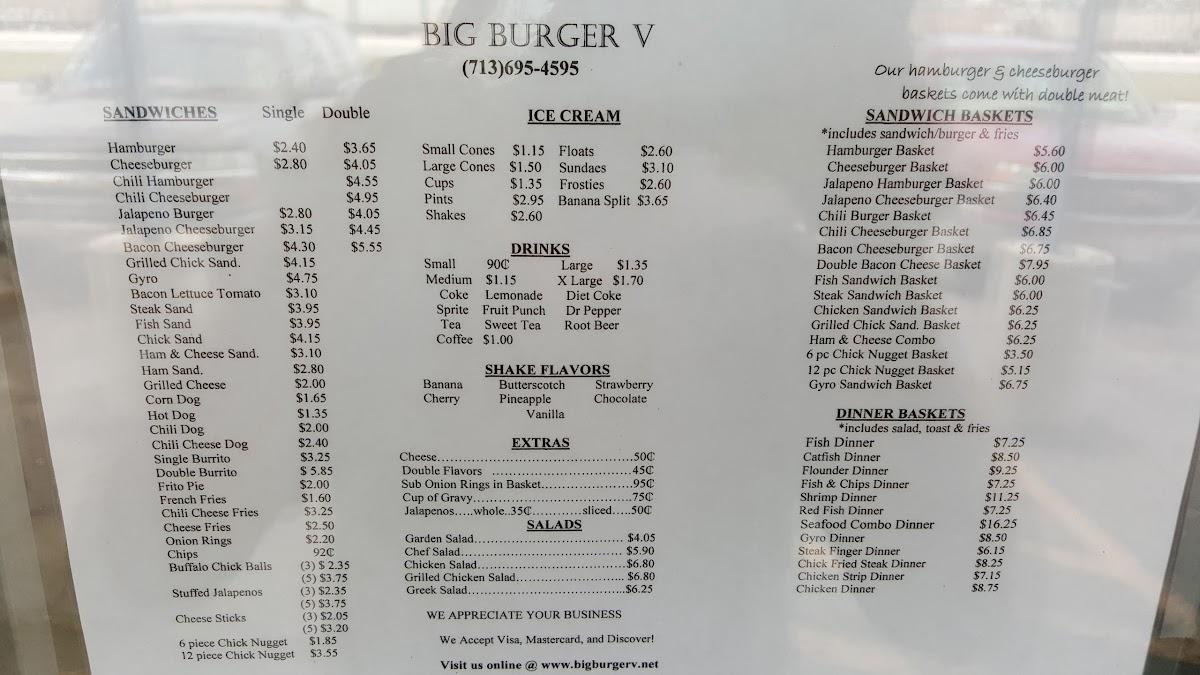 Menu at Big Burger V restaurant, Houston, 11207 W Hardy Rd