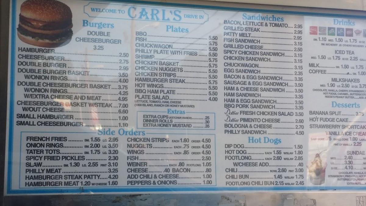 Menu at Carl's Drive In restaurant, Loudon, E Lee Hwy