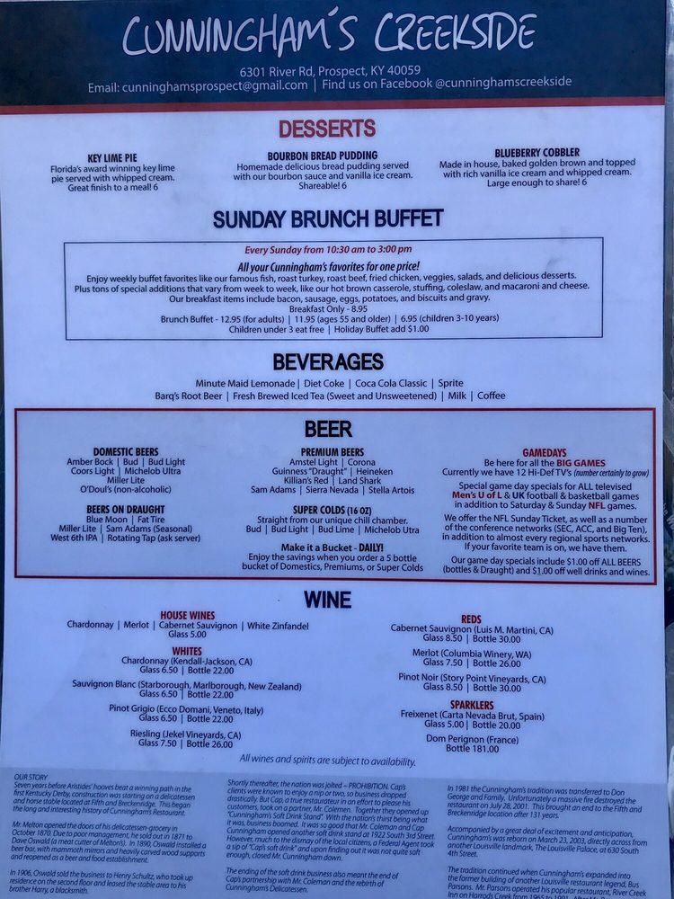 Menu at Cunningham's Creekside restaurant, Prospect