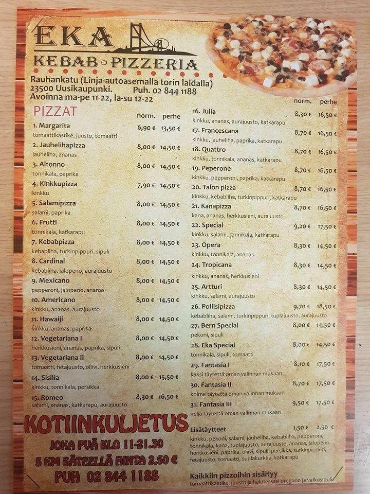 Menu at Eka Kebab Uusikaupunki restaurant, Uusikaupunki