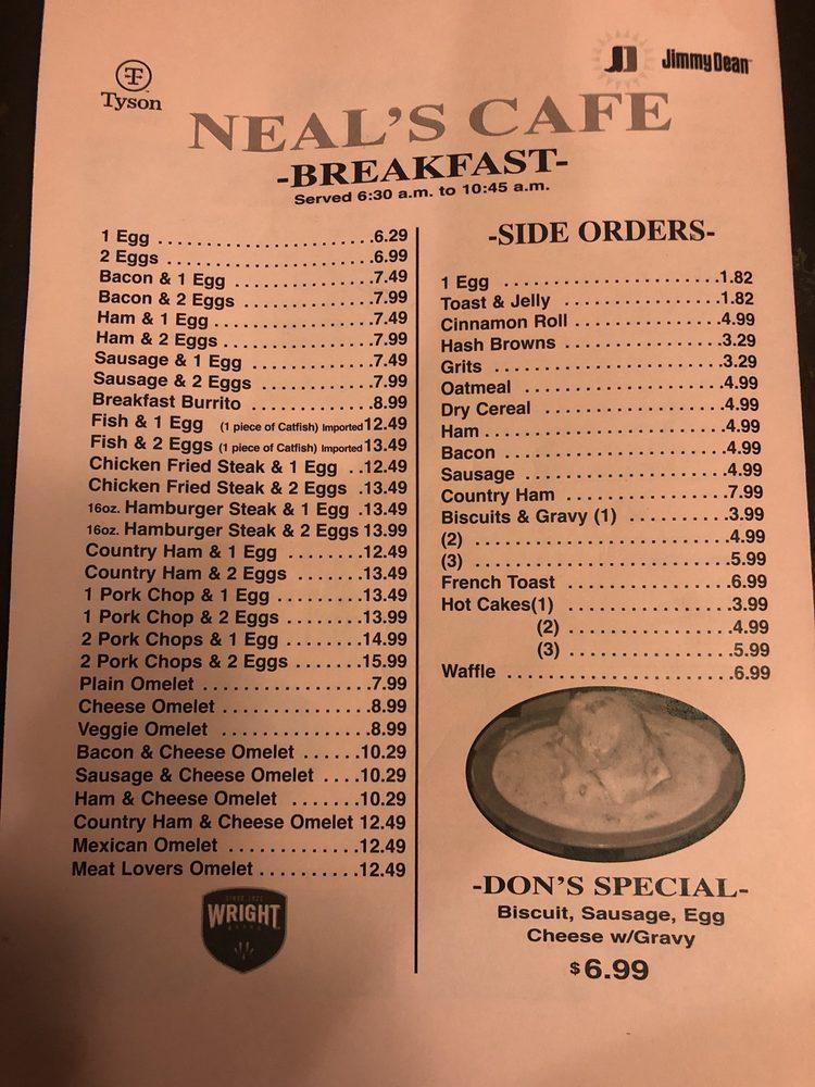 Menu at Neal's Cafe, Springdale