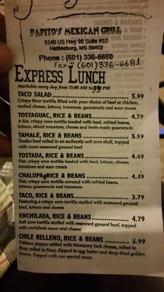 Menu at Papitos Grill at 98 restaurant, Hattiesburg