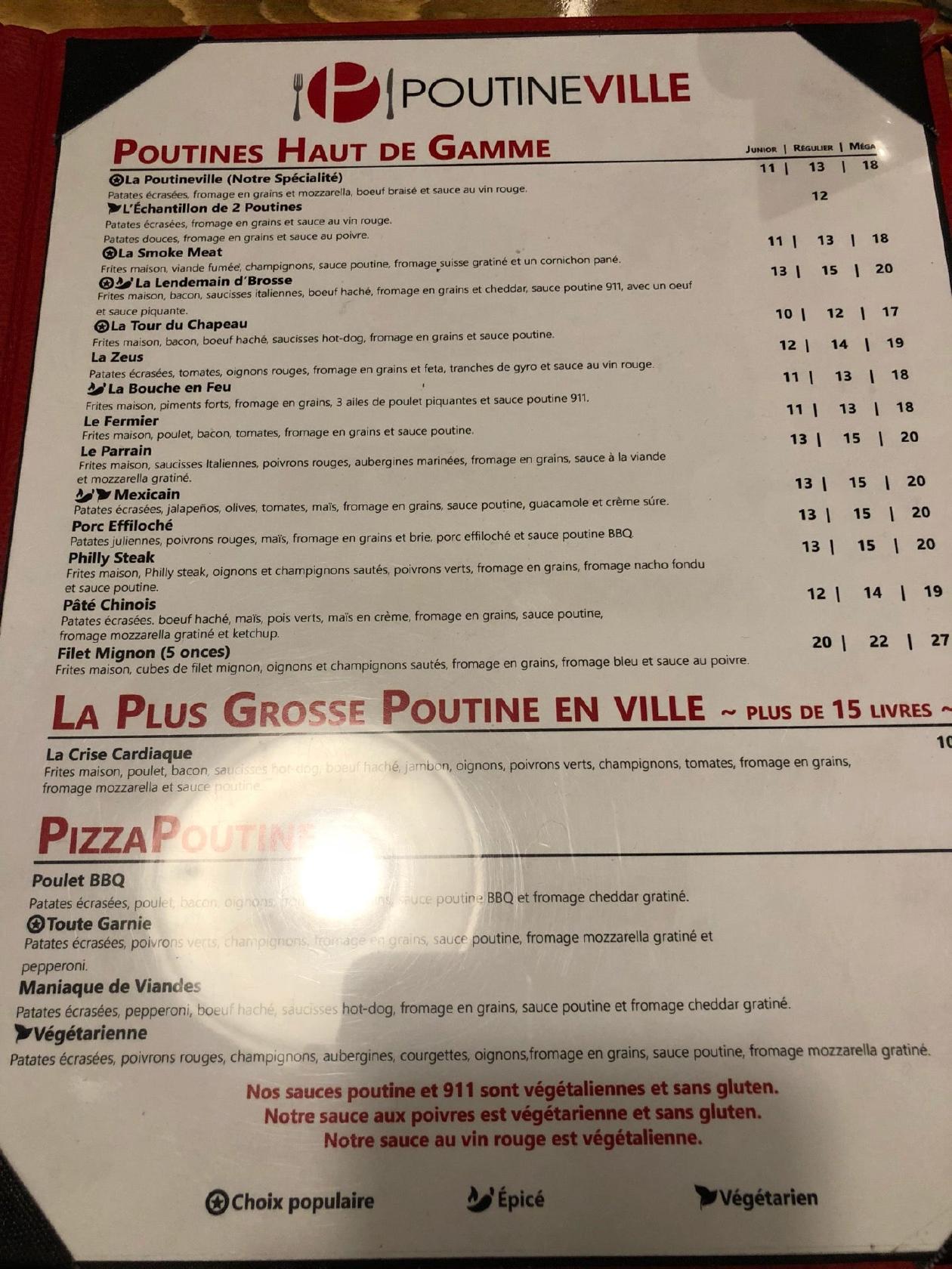 Menu at Poutineville restaurant, Québec City