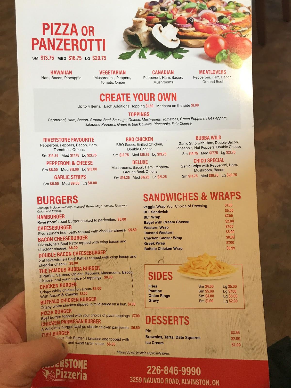 Menu at Riverstone Restaurant, Alvinston