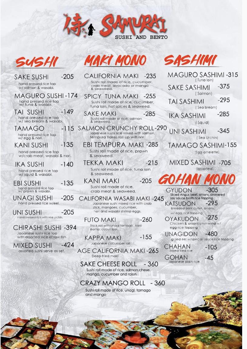 Carta del restaurante Samurai Sushi & Bento Cebu, Cebú