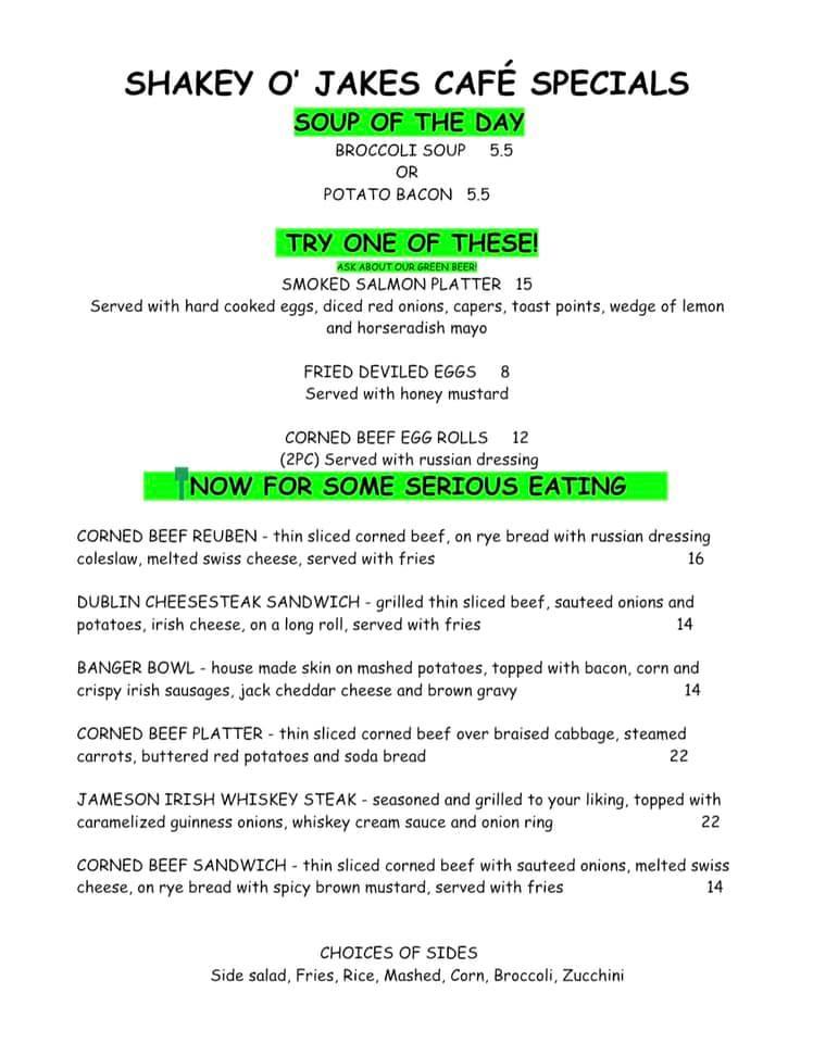 Menu at Shakey Jakes pub & bar, Stanhope