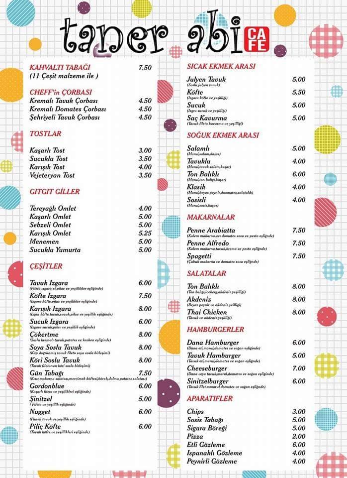 Menu at Taner Abi Cafe, Samsun