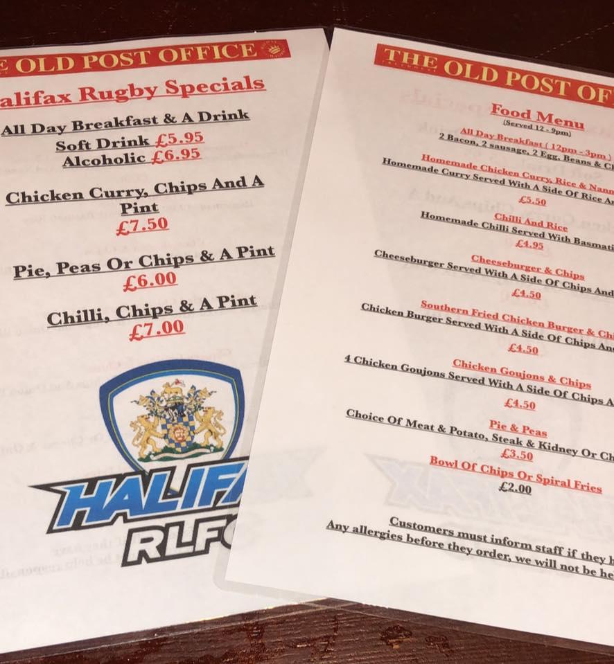 Menu at The Old Post Office pub & bar, Halifax