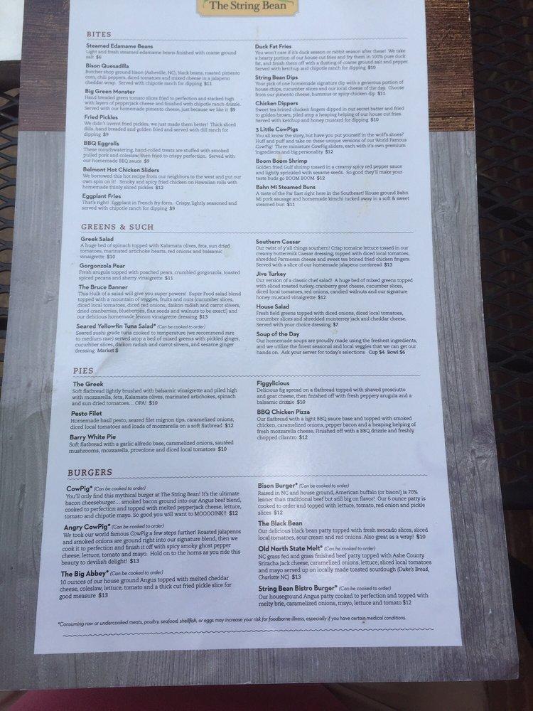 Menu at The String Bean restaurant, Belmont