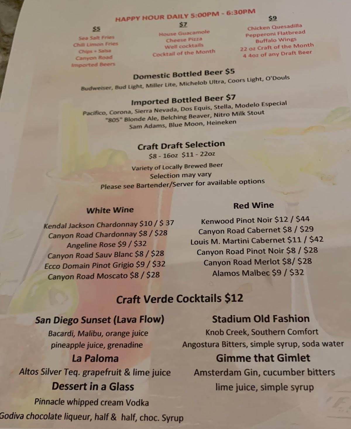 Menu at Verde Kitchen & Bar, San Diego, Murphy Canyon Rd