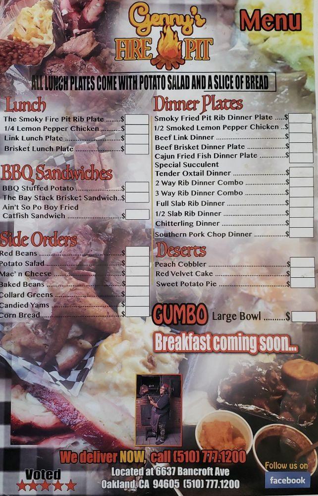 Menu at Genny's Fire Pit BBQ, Oakland