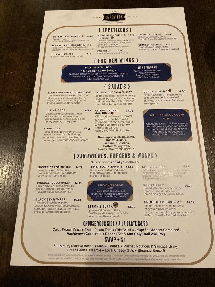 Menu at Leroy Fox Cotswold restaurant, Charlotte, 705 S Sharon Amity Rd