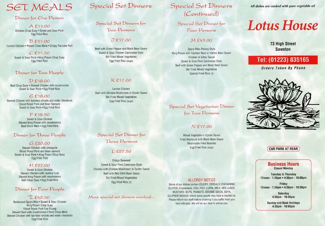 Menu at Lotus House fast food, Cambridge, 65A High St