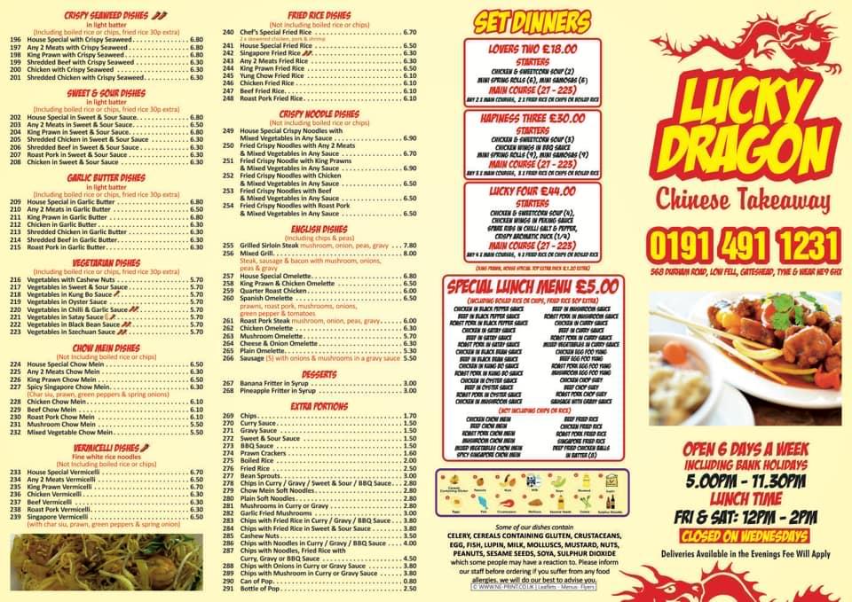 Carta del restaurante Lucky Dragon Lowfell, Gateshead
