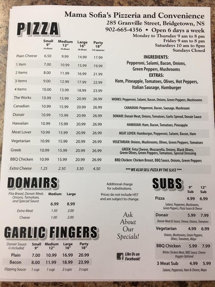 Menu at Mama Sofia's Pizzeria, Bridgetown