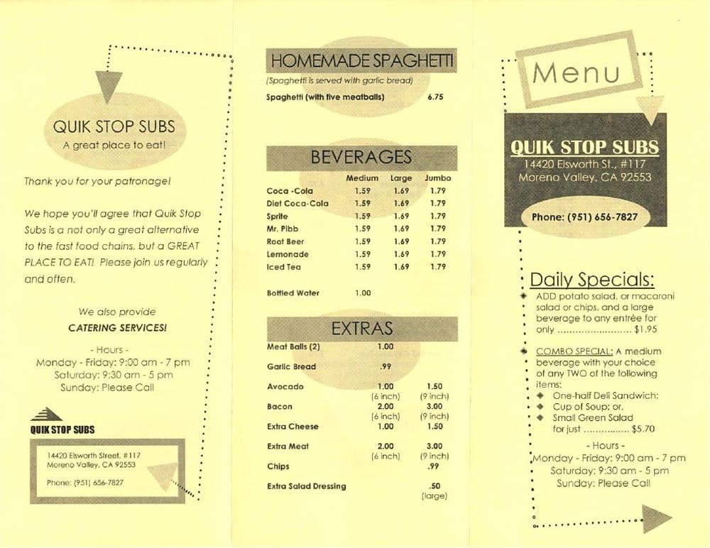 Menu at Quik Stop Subs restaurant, Moreno Valley