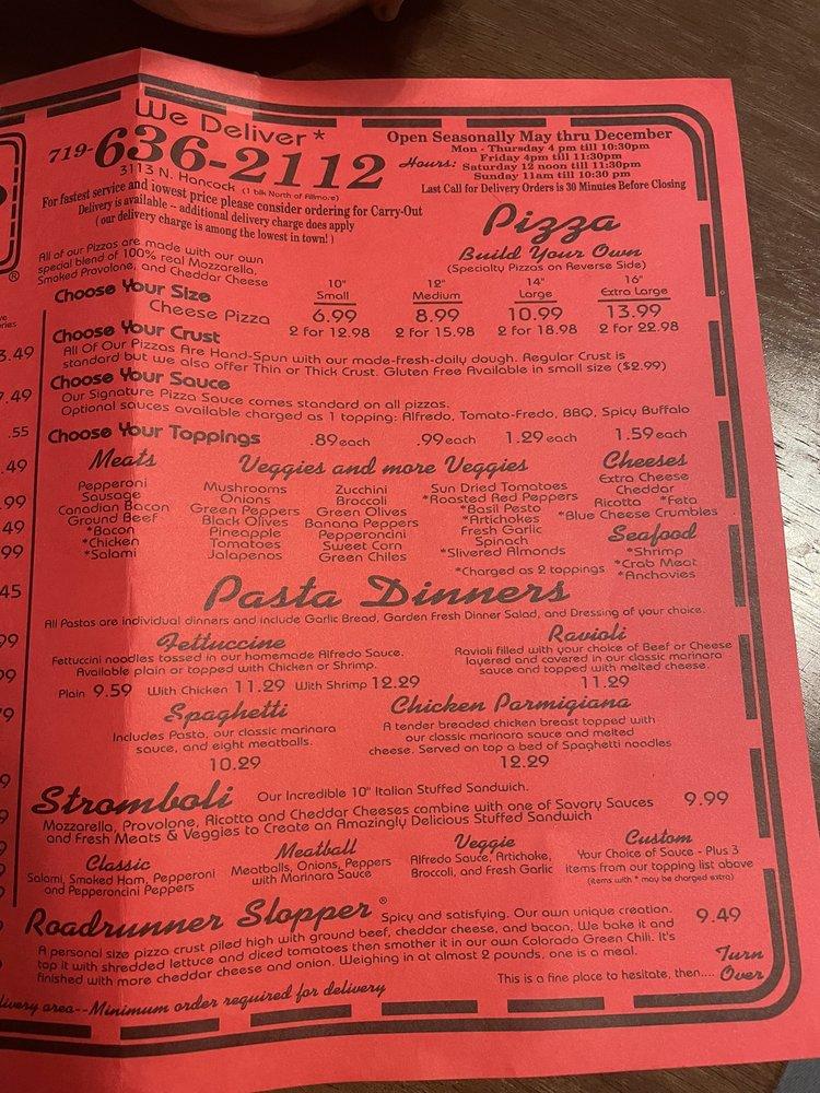 Menu at Roadrunner Pizza & Pasta pizzeria, Colorado Springs, N Hancock Ave