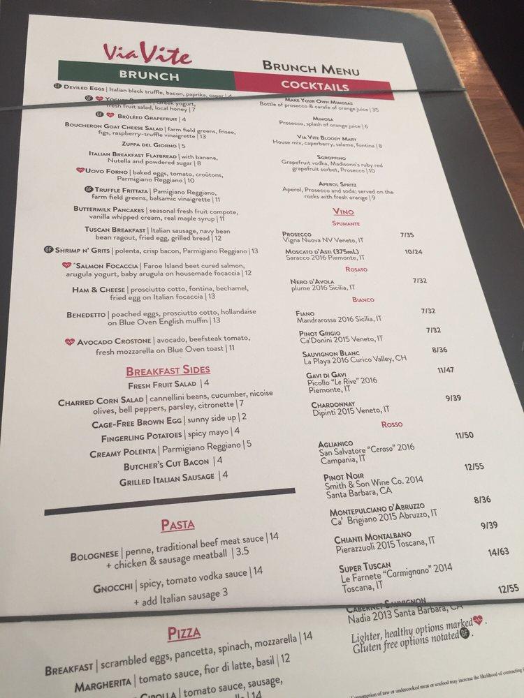 Menu at Via Vite restaurant, Cincinnati