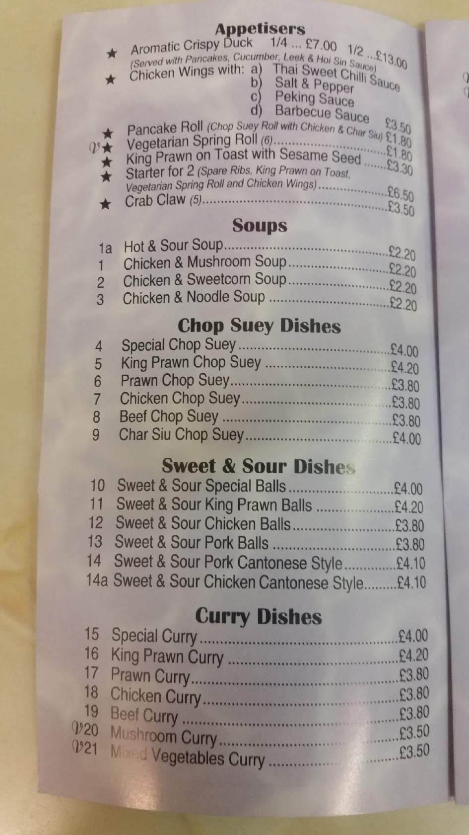 Menu at Wah Sing Take Away fast food, Sheffield
