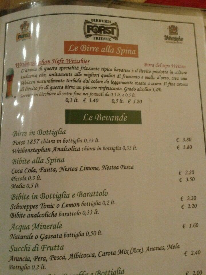 Menu da Birreria Forst ristorante, Trieste, Via Giorgio Galatti