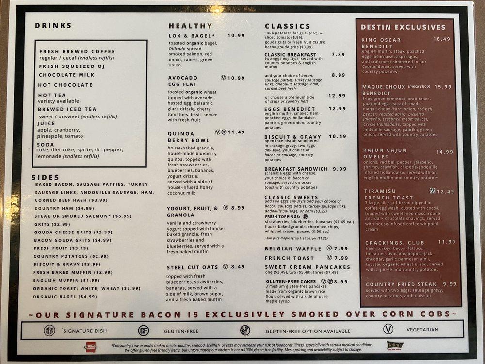 Menu at Crackings restaurant, Destin