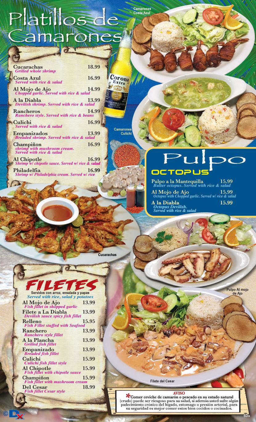 Menu at Mariscos El Capitan restaurant, Coachella