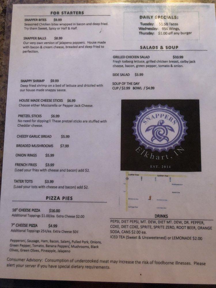 Menu at Snappers Sports Bar, Elkhart