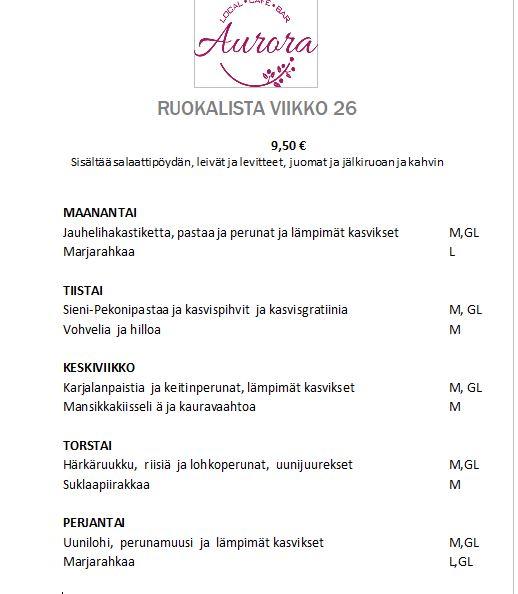 Menu at Cafe Aurora, Finland, Virastotie 2