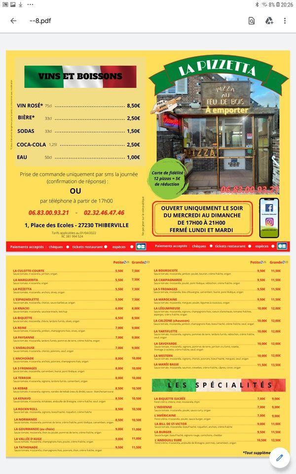 Menu at la pizzetta pizzeria, Thiberville